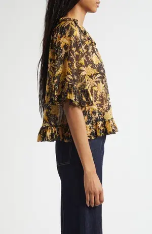 Ulla Johnson Helaine Botanical Print Metallic Flutter Sleeve Silk Blend Top