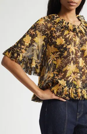 Ulla Johnson Helaine Botanical Print Metallic Flutter Sleeve Silk Blend Top