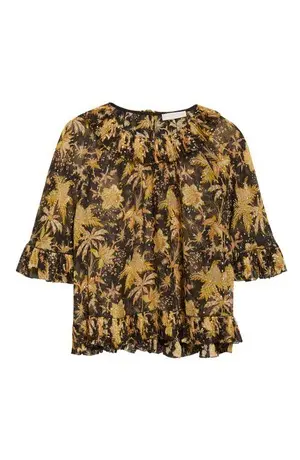 Ulla Johnson Helaine Botanical Print Metallic Flutter Sleeve Silk Blend Top