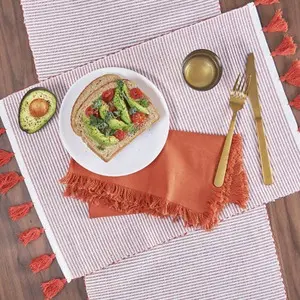 CAROL & FRANK Brett Striped 100% Cotton Chambray Set Of 4 Tassel Placemats 14" X 20 - Orange
