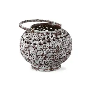 TAG Sula Hand Pierced Round Lantern Candle Holder Patina Iron - Brown
