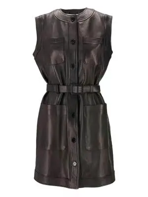 LA ROSE Buttoned Belted Leather Dress - Black