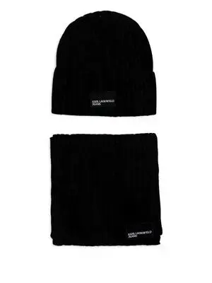 Karl Lagerfeld Ribbed Logo-patch Beanie Hat Set - Black
