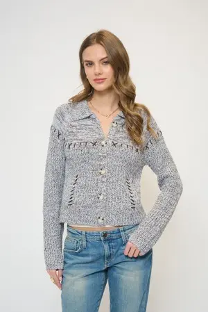 Central Park West Parker Marled Collared Cardigan - Grey