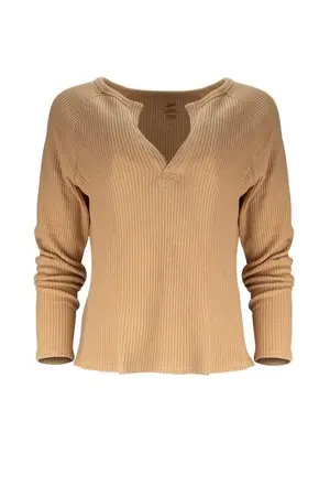 LEZAT Jules Waffle Knit Organic Cotton V-neck Pullover - Iced Coffee