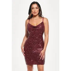 POPILUSH Sequin Cowl Neck Sculpting Mini Dress - Mahogany Red