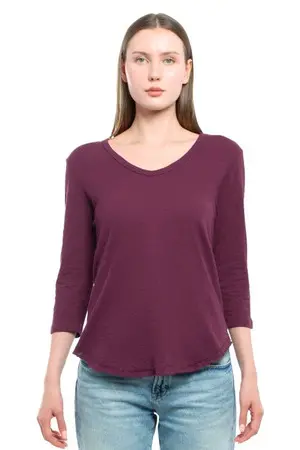 WILT CLOTHING 3/4 Sleeve V-neck Shirttail Tee With Raw Hem - Dark Fig