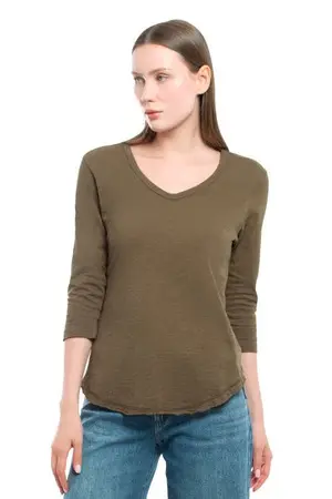 WILT CLOTHING 3/4 Sleeve V-neck Shirttail Tee With Raw Hem - Dark Olive