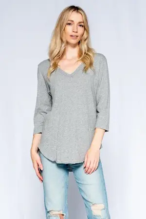 WILT CLOTHING 3/4 Sleeve V-neck Shirttail Tee With Raw Hem - Grey Heather
