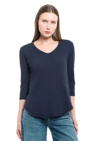 WILT CLOTHING 3/4 Sleeve V-neck Shirttail Tee With Raw Hem - Peacoat