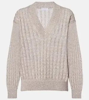 Brunello Cucinelli Sequined Linen-blend V-neck Sweater - Beige