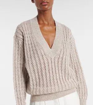 Brunello Cucinelli Sequined Linen-blend V-neck Sweater - Beige