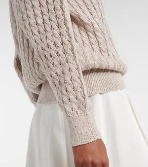 Brunello Cucinelli Sequined Linen-blend V-neck Sweater - Beige