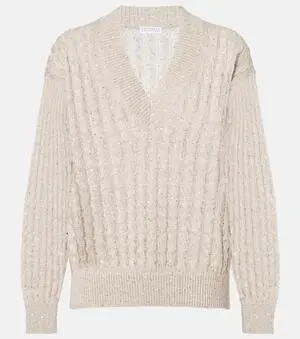 Brunello Cucinelli Sequined Linen-blend V-neck Sweater