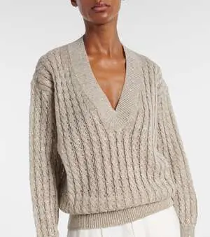Brunello Cucinelli Sequined Linen-blend V-neck Sweater