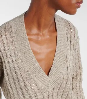 Brunello Cucinelli Sequined Linen-blend V-neck Sweater