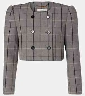 Chloé Checked Cropped Wool Jacket - Grey