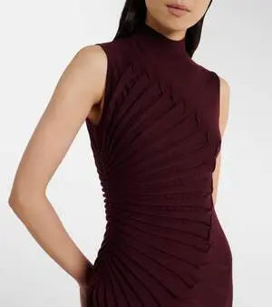 Alaïa Asymmetric Pleated Wool Midi Dress - Burgundy