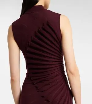 Alaïa Asymmetric Pleated Wool Midi Dress - Burgundy
