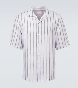 Brunello Cucinelli Striped Linen Bowling Shirt - Blue