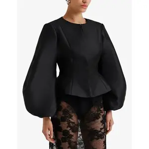 MALINA Vendela Balloon-sleeve Satin Blouse - Black