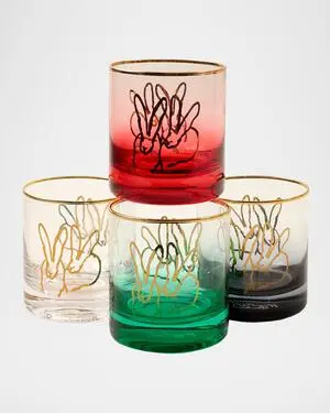 HUNT SLONEM Holiday Double Bunny 10 Oz. Old-fashioned Glasses, Set Of 4 - Multi