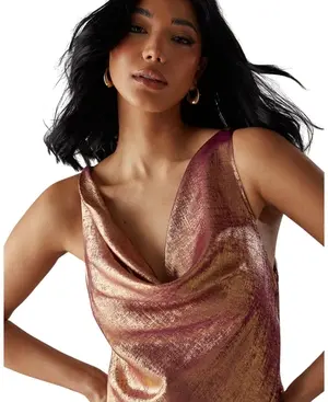 WAREHOUSE Metallic Lamé Cowl Neck Maxi Dress