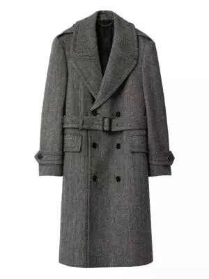 Burberry Herringbone-pattern Belted Wool Trench Coat