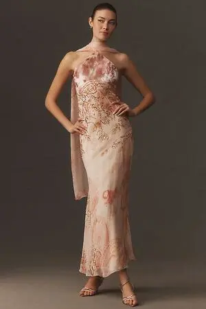 Bhldn Layla Halter Velvet Chiffon Maxi Dress - Rose Velvet