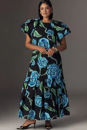 DE LORETA Short-sleeve Maxi Dress - Black Floral