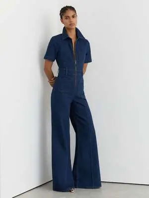 REISS Danie Wide-leg Zip-through Denim Jumpsuit - Indigo Blue