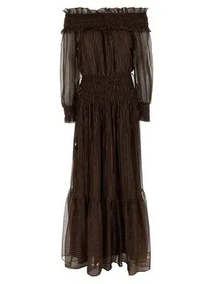 SELF-PORTRAIT Georgette Off Shoulder Maxi Dress - Brown
