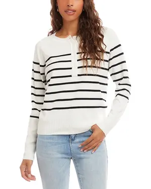 Karen Kane Striped Henley Sweater - Off White/ Black