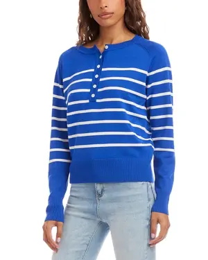 Karen Kane Henley Striped Sweater - Sapphire/ Off White