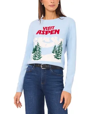 Vince Camuto Visit Aspen Motif Crewneck Sweater - Eggshell Blue
