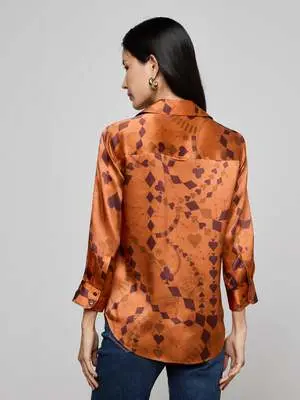 L'Agence Dani Printed Silk Blouse - Amber Brown Playing Card Geo