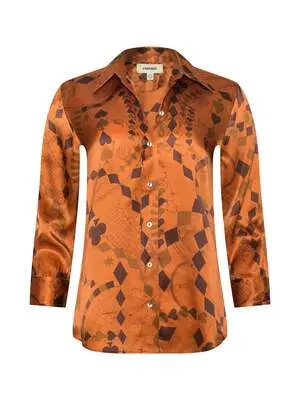 L'Agence Dani Printed Silk Blouse - Amber Brown Playing Card Geo