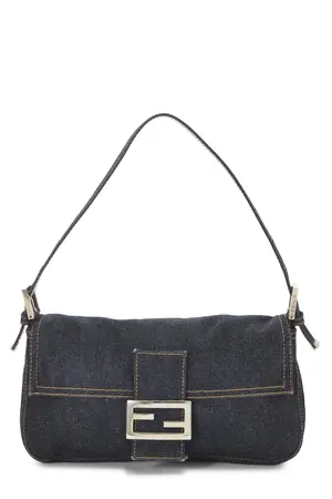 Fendi Denim Baguette Bag With Floral Embroidery - Blue