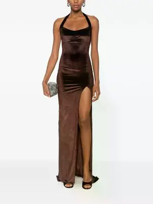 ATU BODY COUTURE Halterneck Maxi Dress With Leg Slit - Brown