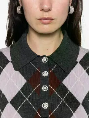 SELF-PORTRAIT Argyle Button Polo Top - Grey