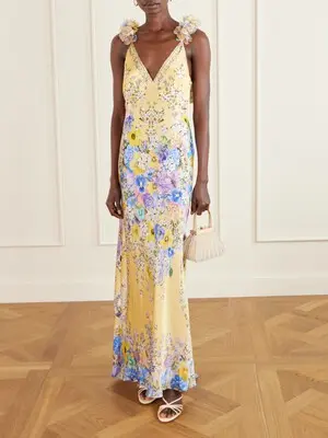 Camilla Appliquéd Embellished Floral-print Silk-satin Maxi Dress - Multi