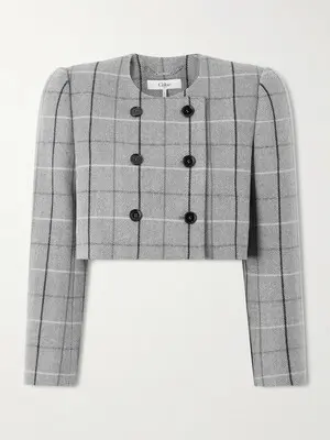 Chloé Cropped Double-breasted Checked Wool Jacket - Gray