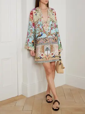 Camilla Crystal-embellished Printed Linen Kaftan