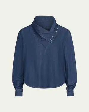TWP Cotton Denim Shirt With Draped Asymmetric Collar