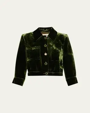 L'Agence Jia Cropped Velvet Jacket - Deep Olive
