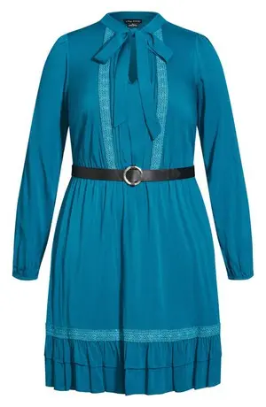 City Chic Precious Tie Neck Belted Long Sleeve Dress