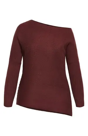 City Chic Lean In One-shoulder Rib Sweater - Red