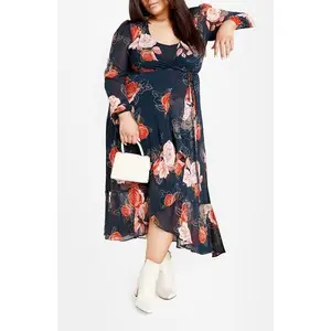 City Chic Kataleya Long Sleeve Chiffon Maxi Wrap Dress - Navy