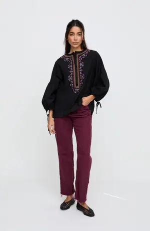 RAFFYA Anai Embroidered Blouse - Black