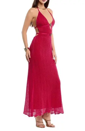 CAPITTANA Ariel Crochet Halter Maxi Dress - Red